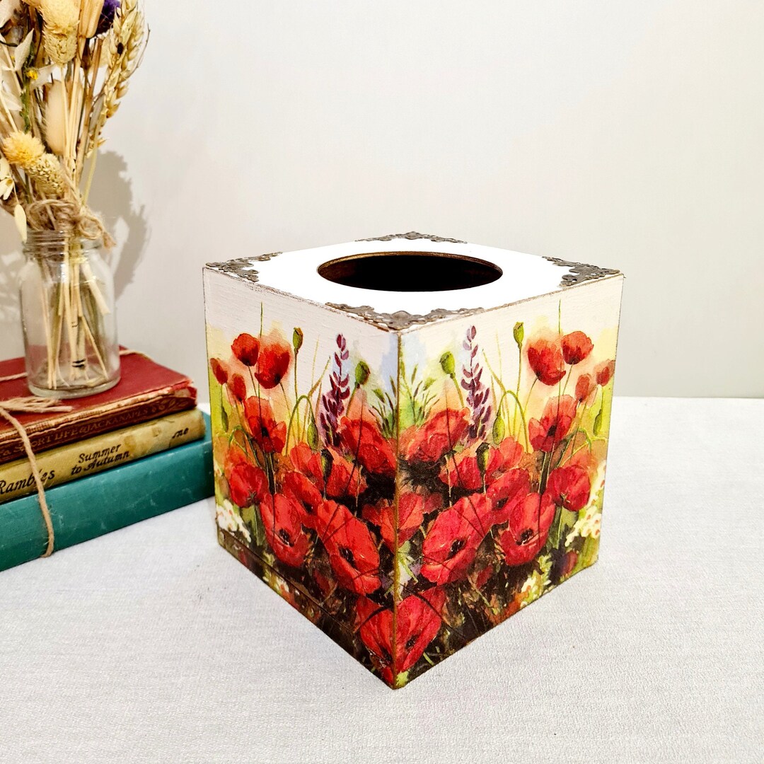 Wild Poppies Wood Tissue Box, Floral Tissue Holder, Country Red ...