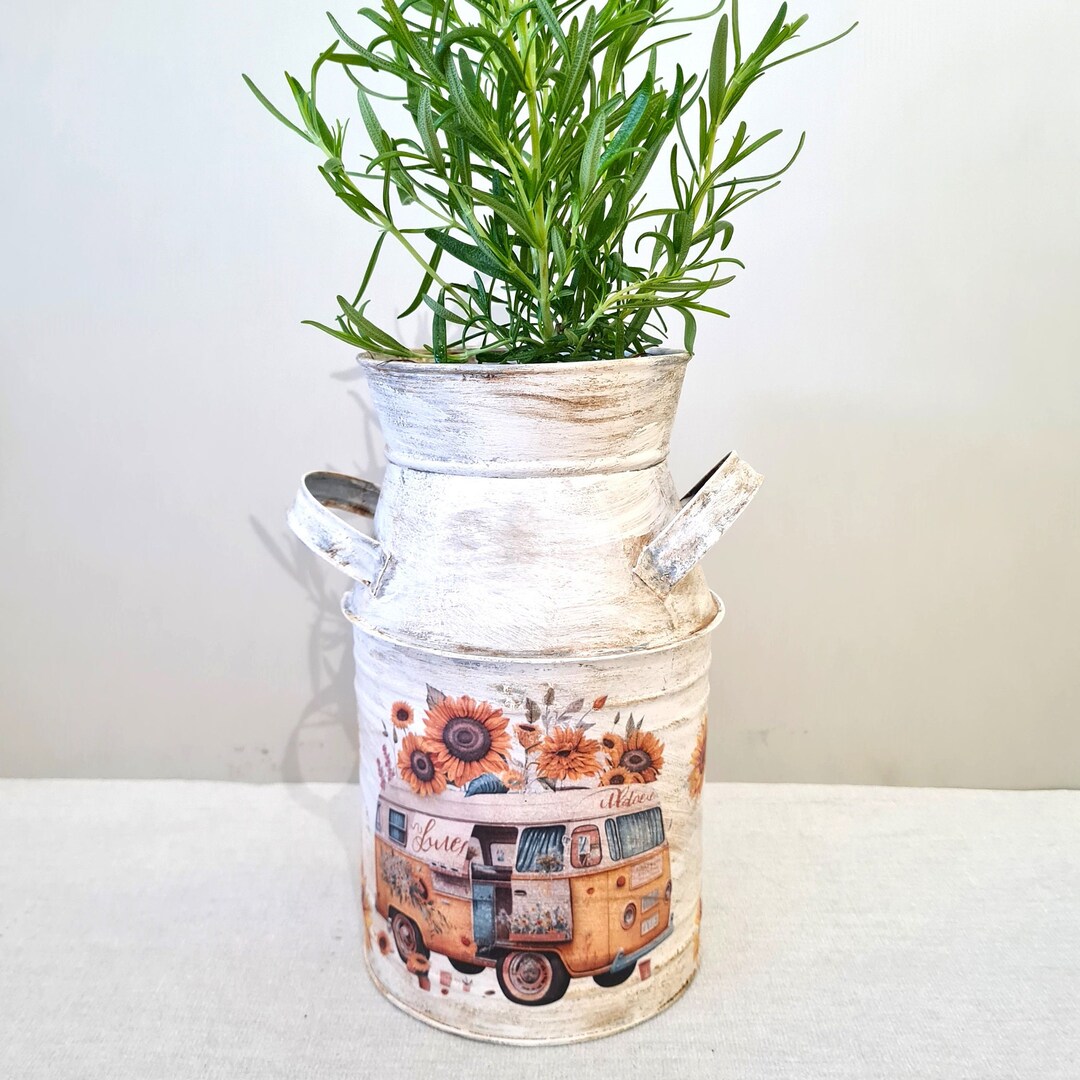 Floral Campervan Milk Churn Pot, Country Farmhouse Metal VW Campervan ...