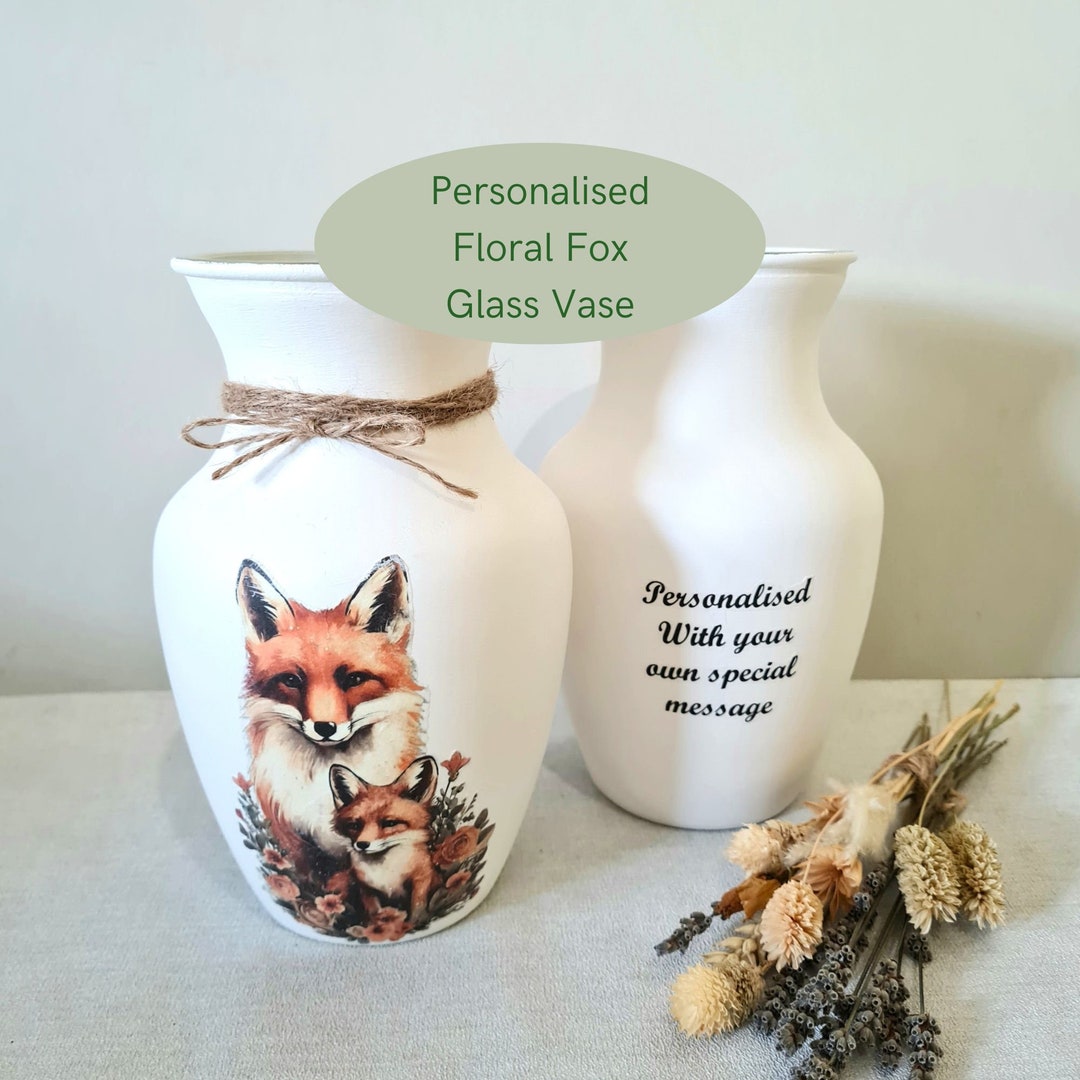 Personalised Floral Fox Glass Vase, Wildlife Lovers Gift, Hand ...