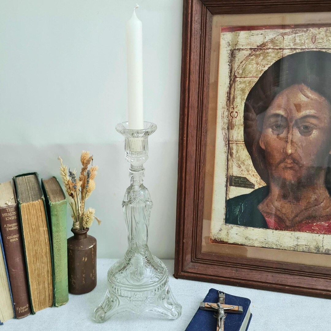 Antique French Glass Virgin Mary Candlestick, Our Lady Church Candle ...