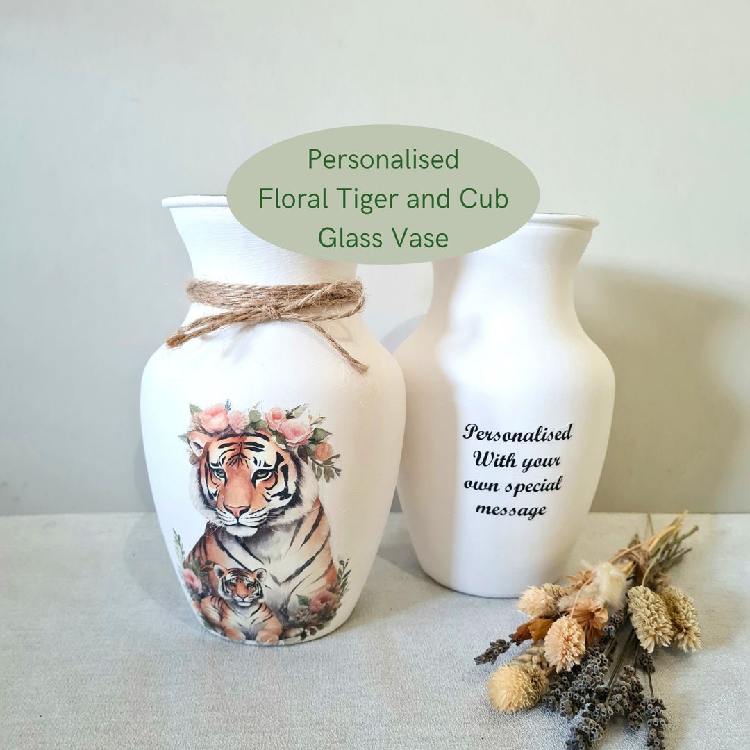 Personalised Floral Tiger and Cub Vase, Safari Animals Tigers Flower ...