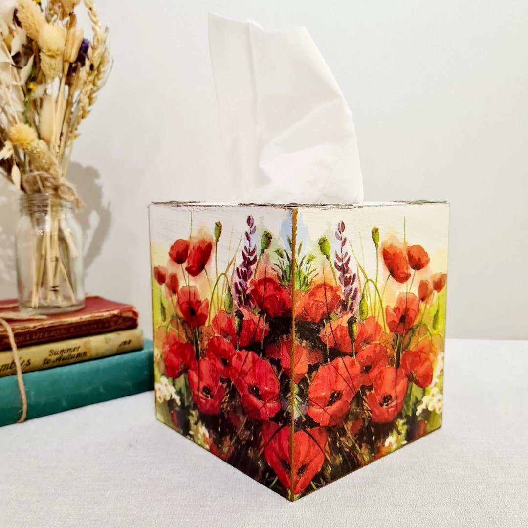 Wild Poppies Wood Tissue Box, Floral Tissue Holder, Country Red ...