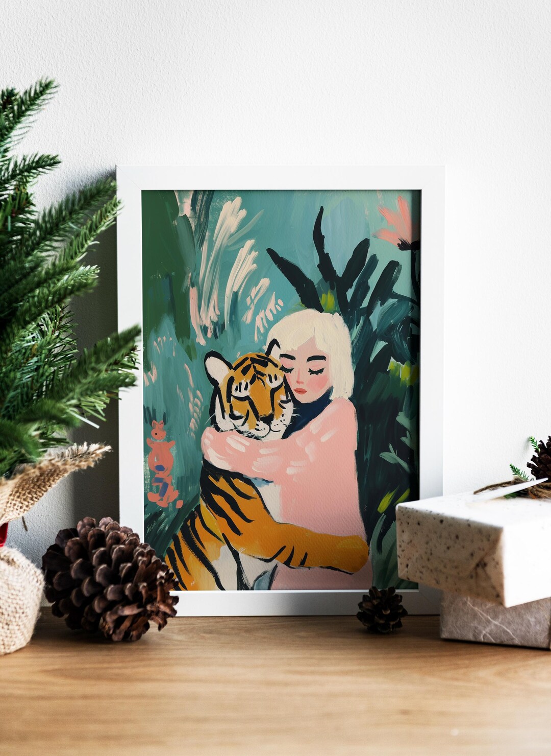 Girl Tiger Art, Whimsical Animal Poster, Cozy Nature Art, Eclectic ...