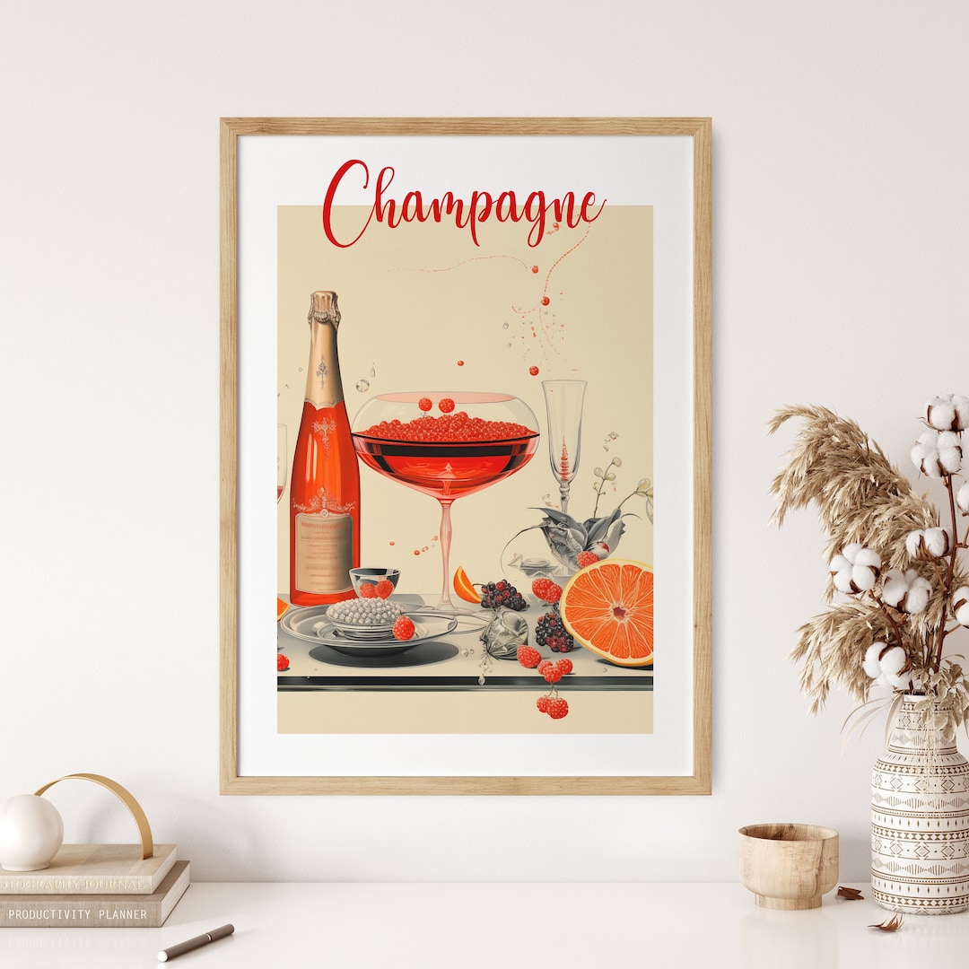 Champagne Art Poster, Drink Party Poster, Retro Wall Art Decor, Style ...
