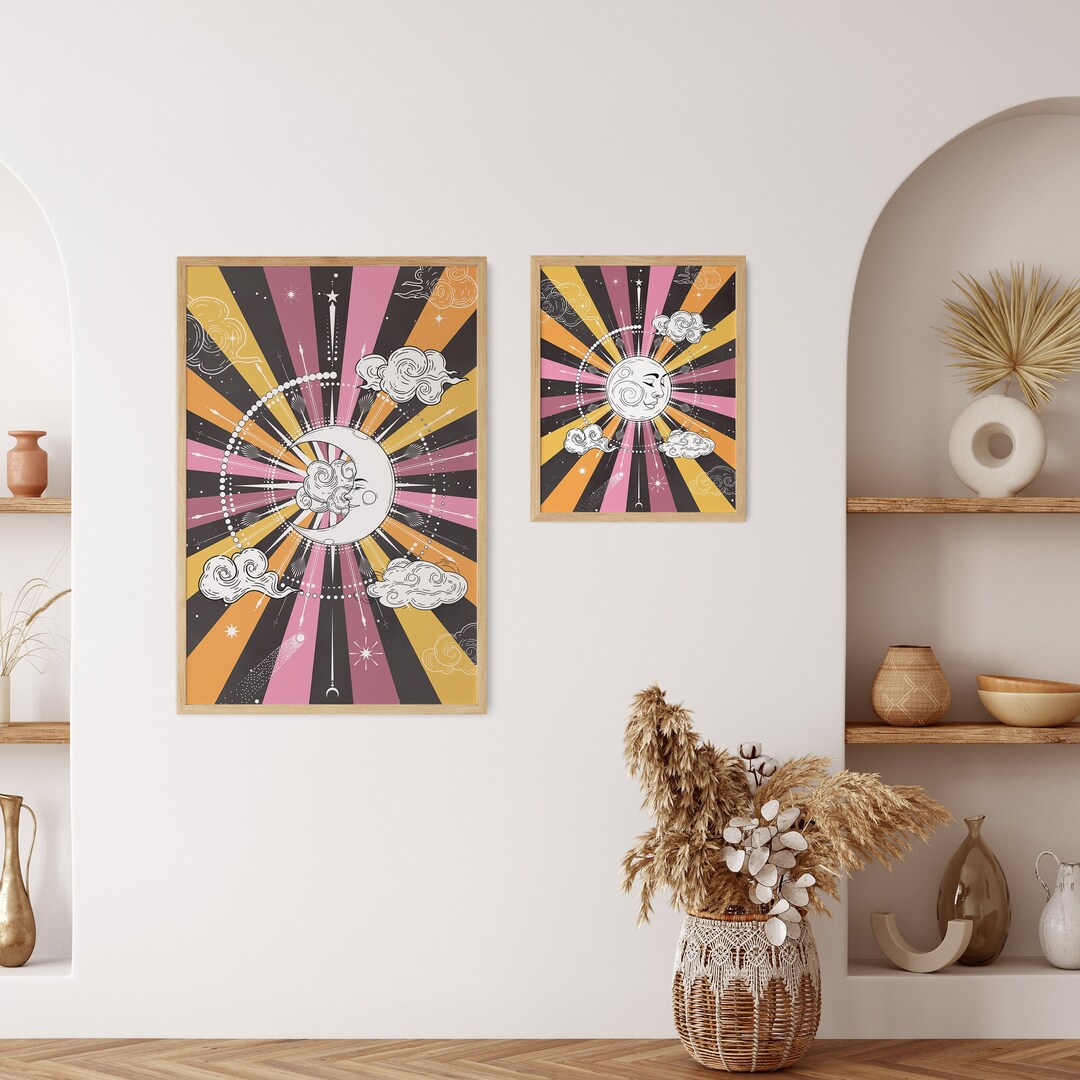 70s Set of 2 Wall Art Posters, Sun and Moon Art Print, Groovy Art ...