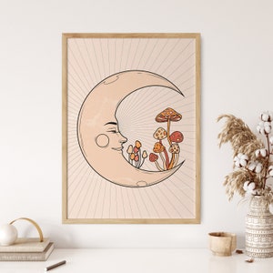 Retro Moon Wall Art Poster, Psychedelic Art Print, Mushroom Art, Hippie ...