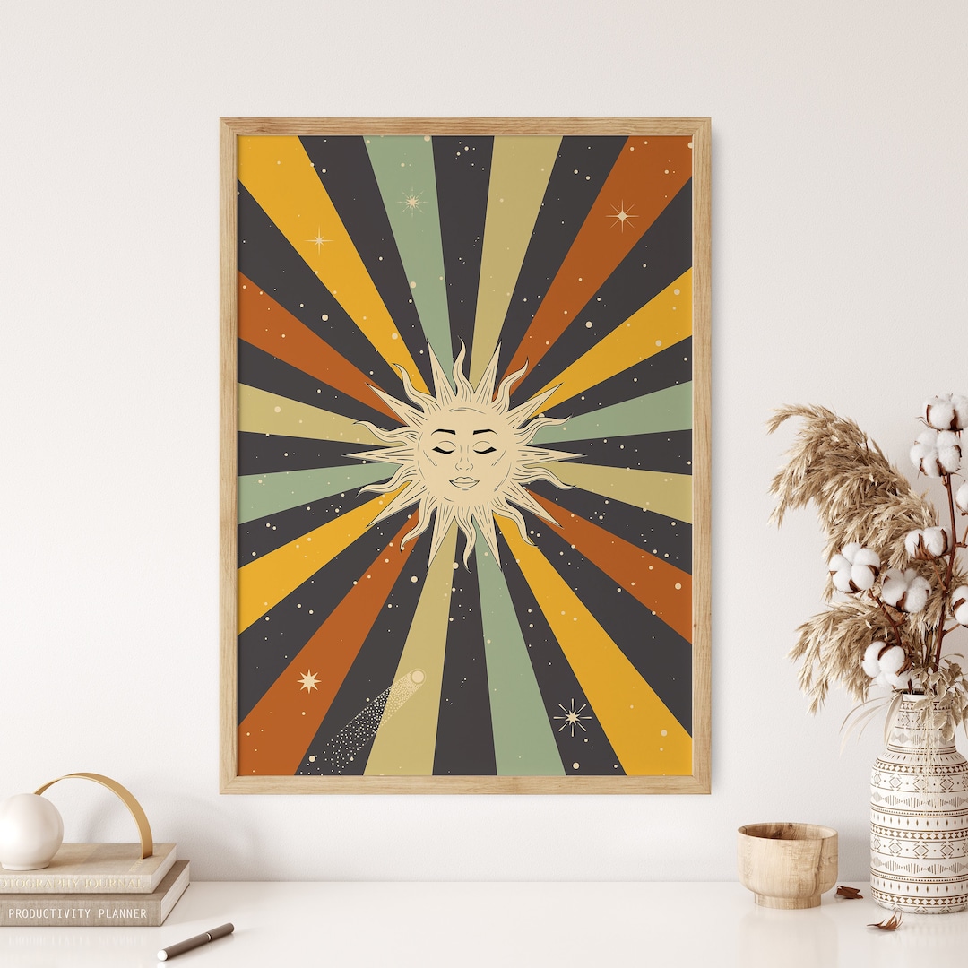 Sun Wall Art Print, 70s Retro Poster, Vintage Wall Hanging, Sunshine ...