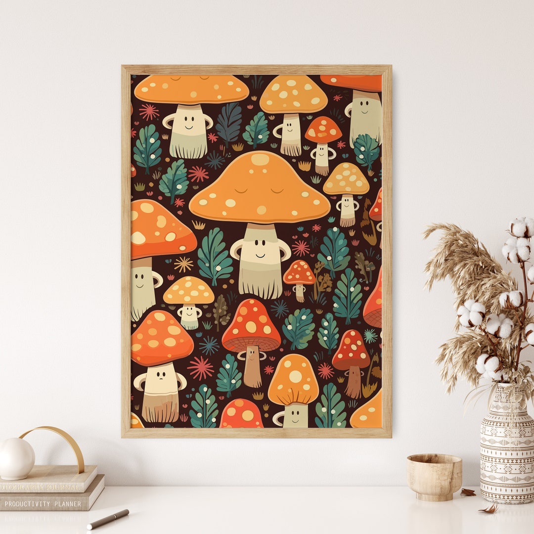Mushroom Pattern Wall Art Print, 70s Groovy Art Poster, Vintage Wall ...