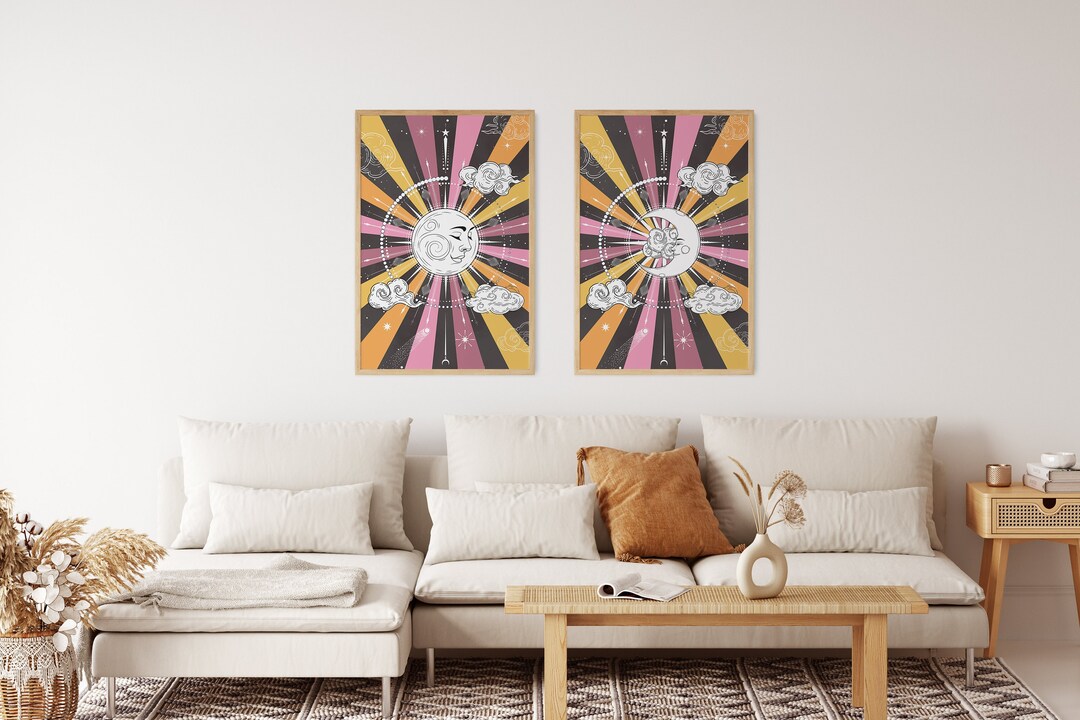 Sun and Moon Retro Wall Art, 70s Set of 2 Wall Art, Sun Art Poster ...