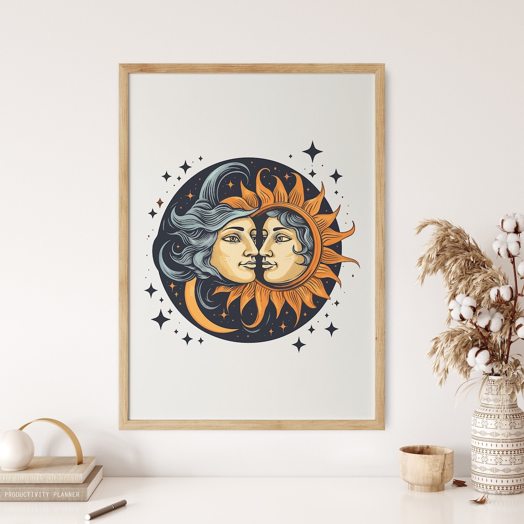 Sun and Moon Retro Wall Art Print, 70s Art Poster, Retro Groovy Wall ...