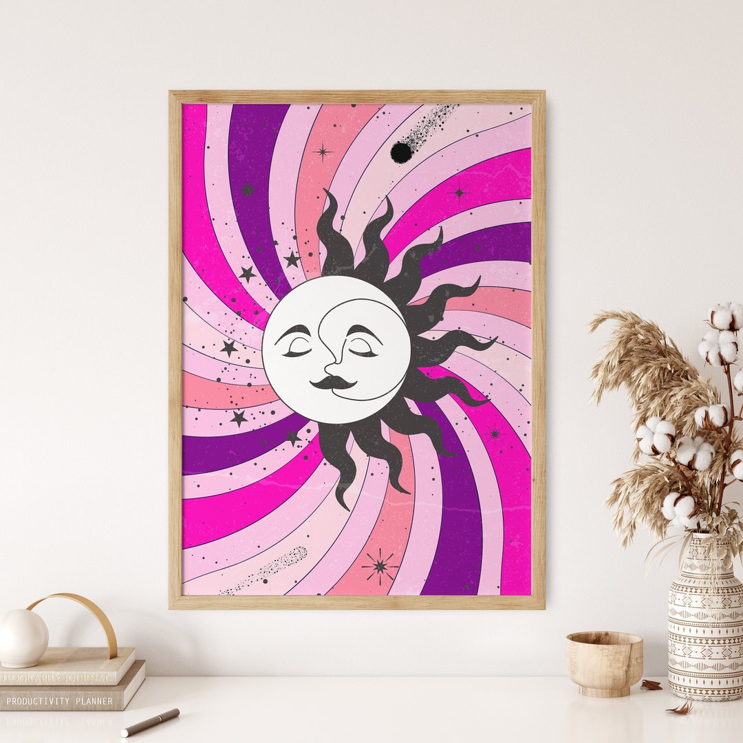 70s Wall Art Print, Sun and Moon Poster, Celestial Art Print, Cosmos ...
