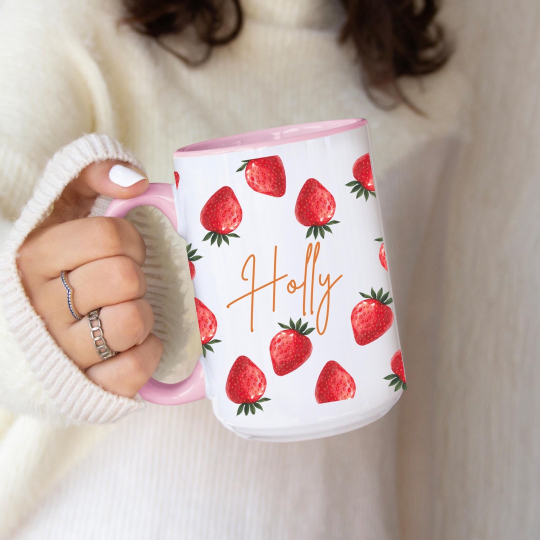 Personalized Strawberry Mug, Coquette Strawberry Cup, Retro Checkered ...