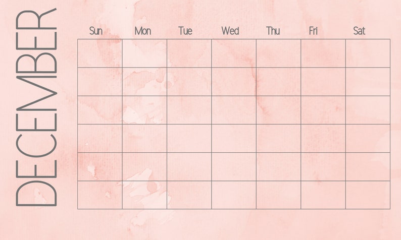 Monthly Blank Elegant Calendar, Watercolor Printable Calendar, Instant ...