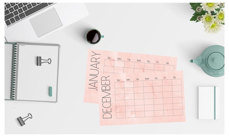 Monthly Blank Elegant Calendar, Watercolor Printable Calendar, Instant ...