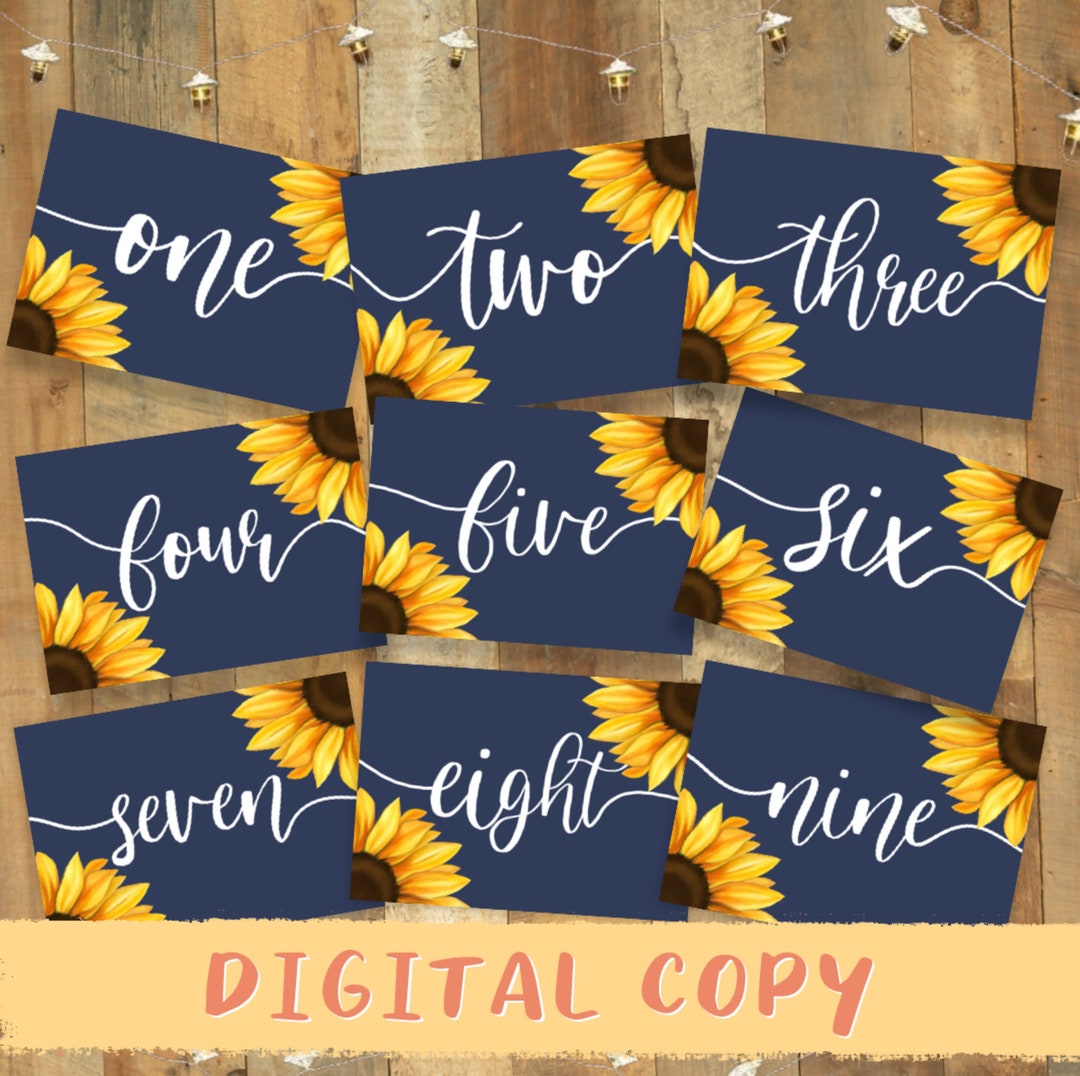 Sunflower Navy and Yellow Wedding Table Numbers, Sunflower Wedding ...