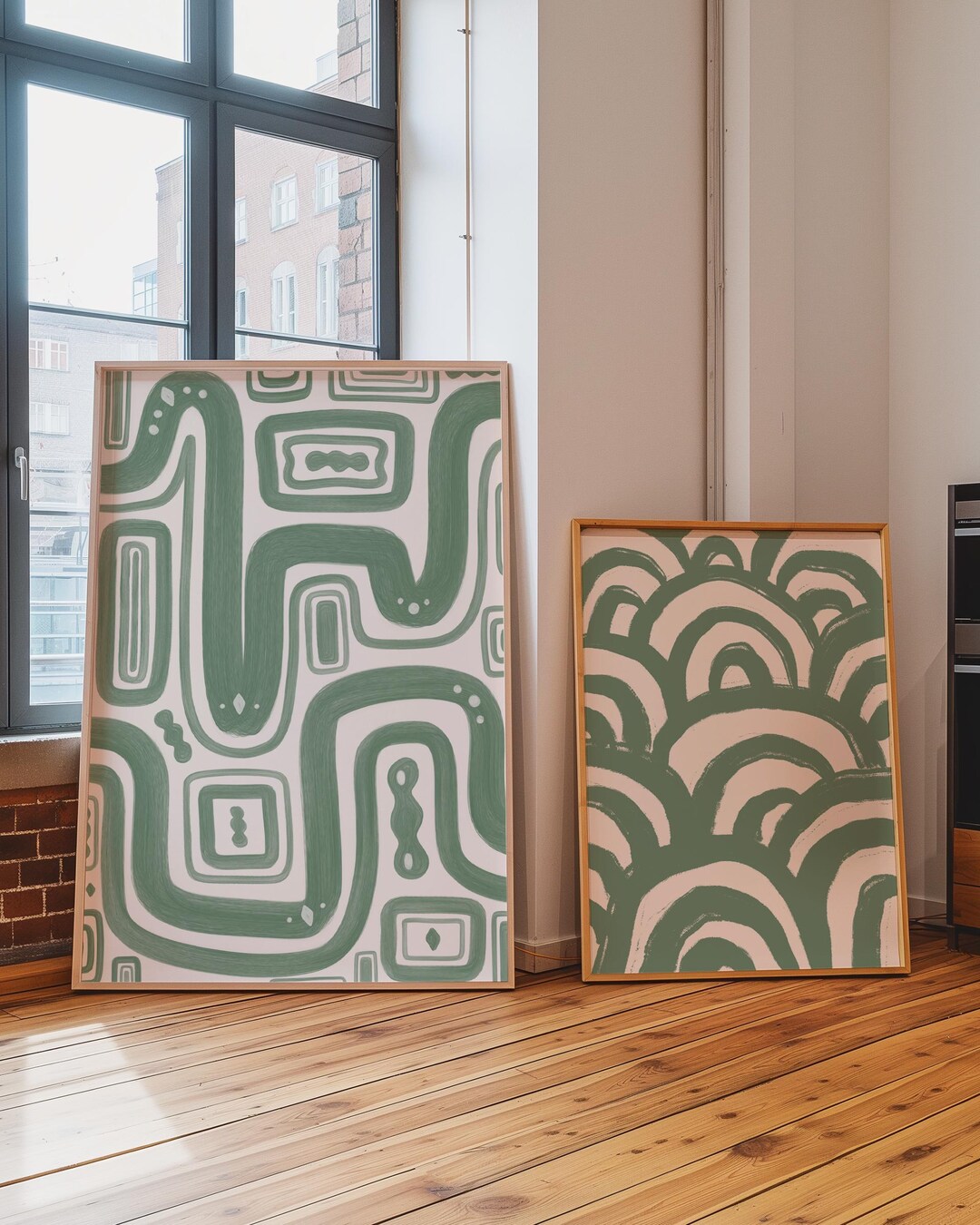 Set of Two Sage Green Abstract Prints | Green Pair of Line Art Prints ...