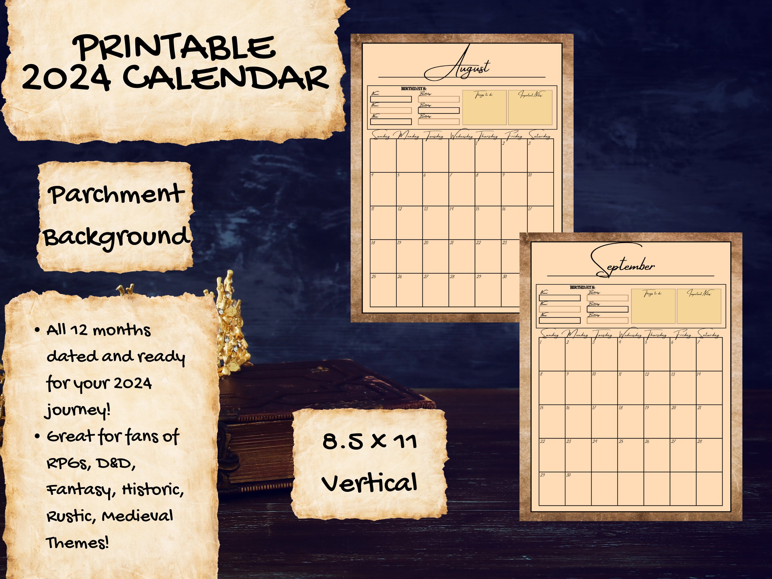 2024 Calendar Months printable Digital Instant Download 8.5 X 11 letter ...