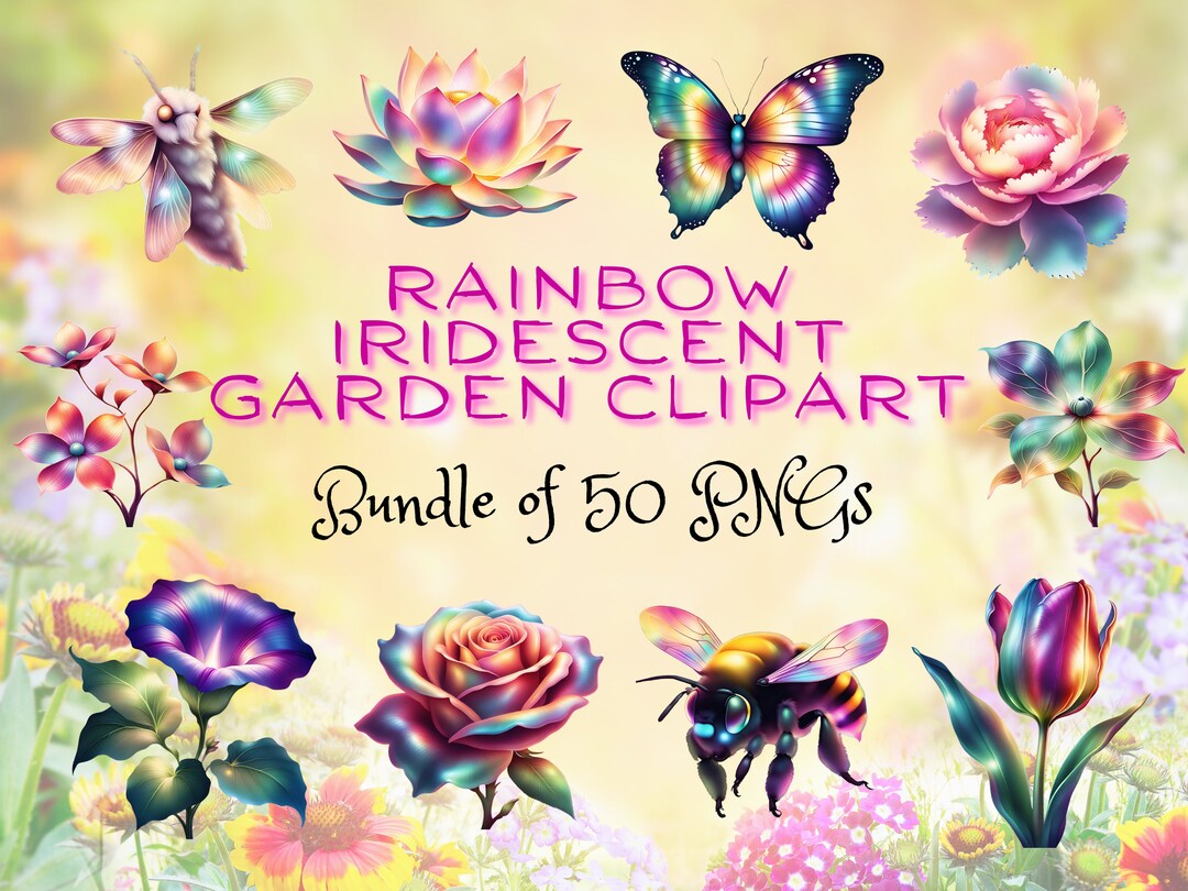 Rainbow Floral Garden & Bugs Clipart commercial License Pack of 50 Pngs ...