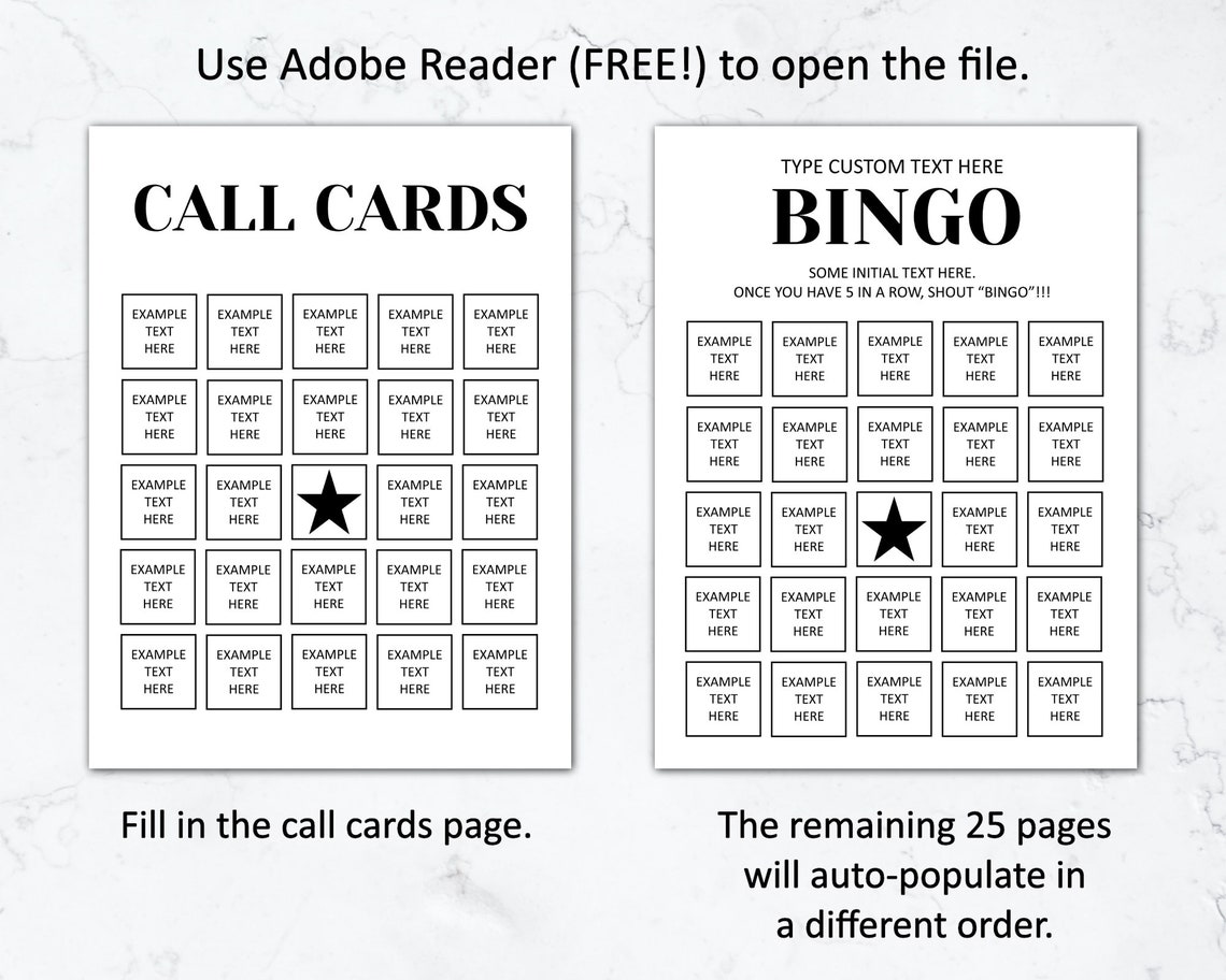 Custom Bingo Cards, 25 Unique Cards, Call Card, Add Your Own Text, Auto ...