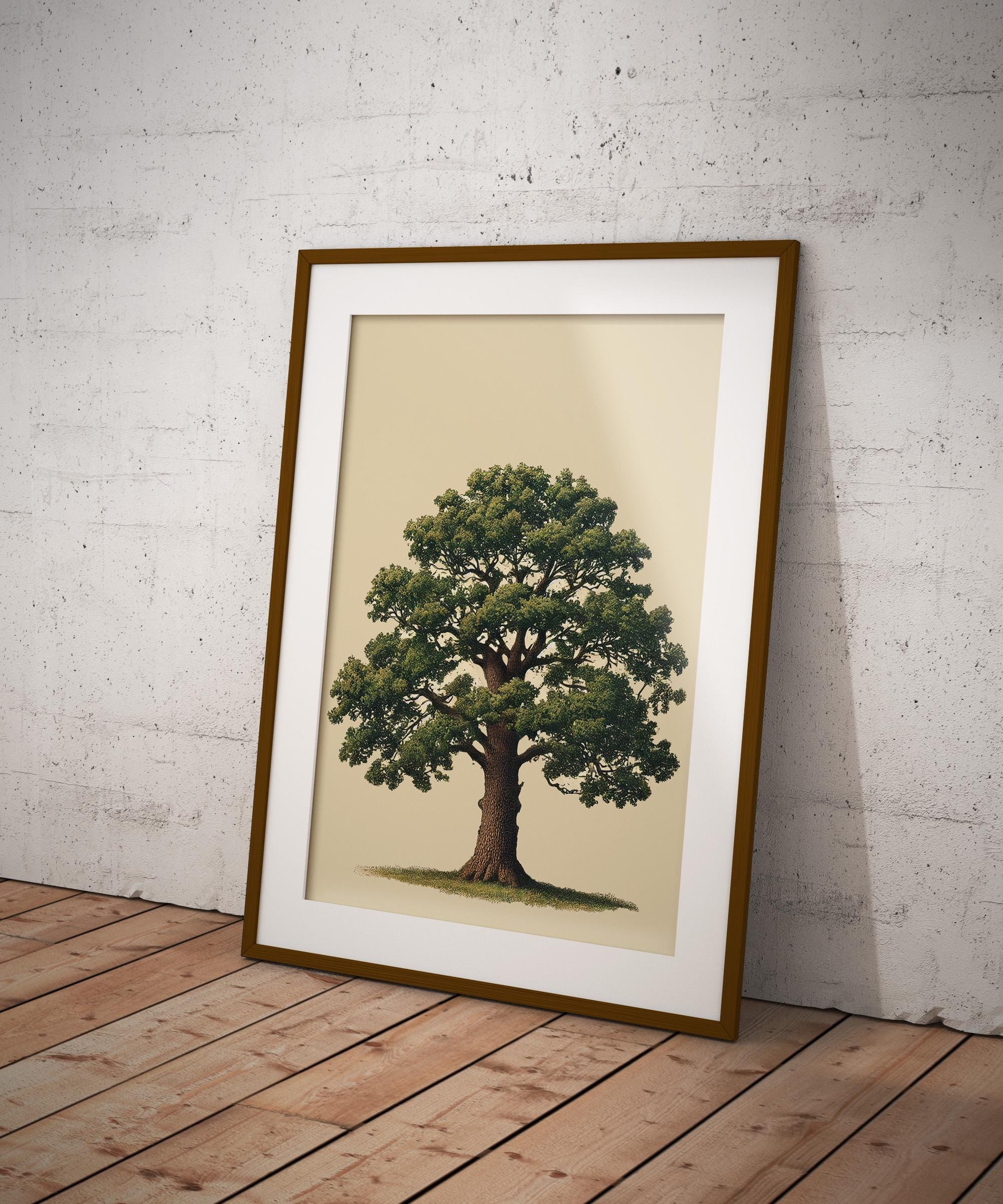 Vintage-style Oak Tree Art Print - Elegant Botanical Illustration on ...