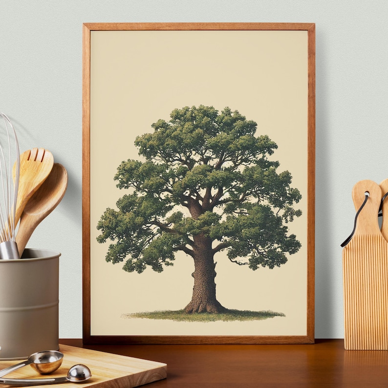Vintage-style Oak Tree Art Print - Elegant Botanical Illustration on ...