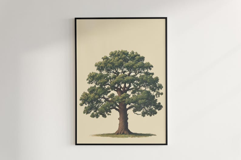 Vintage-style Oak Tree Art Print - Elegant Botanical Illustration on ...