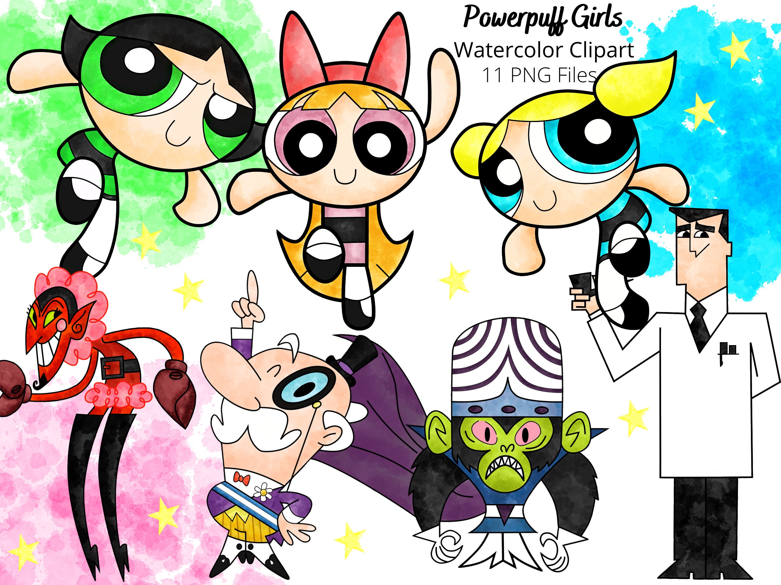 The Powerpuff Girls Hand Drawn Watercolor Clipart Cute - Etsy