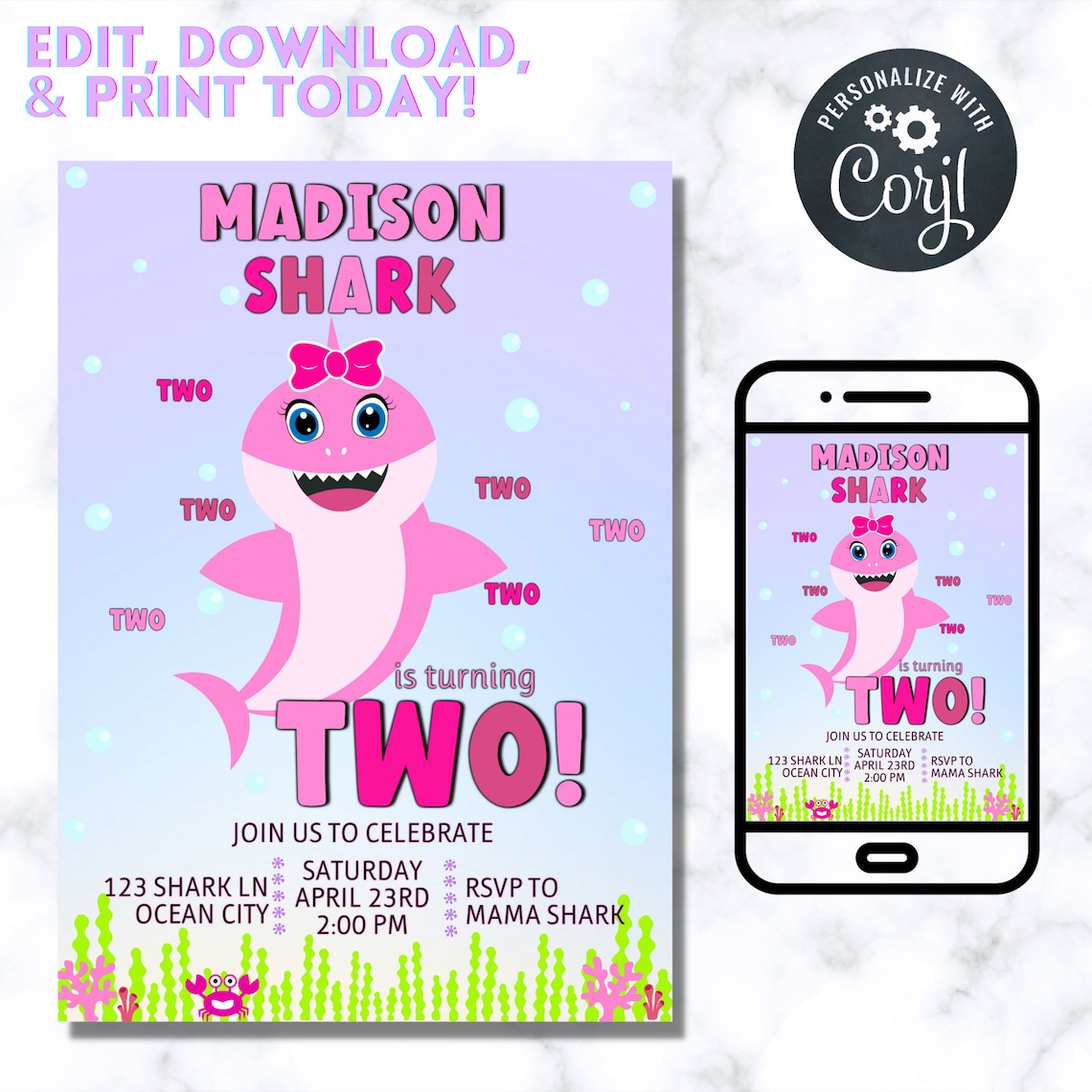Editable Invitation - Baby Shark Two Two! - Birthday Invitation ...
