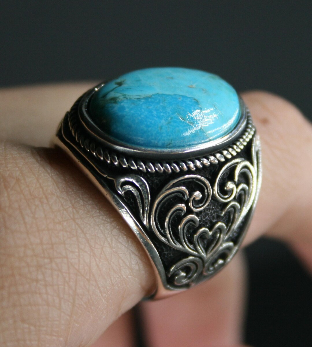 Handmade Turquoise Stone Men Ring - 925k Sterling Silver Ring - Oval ...