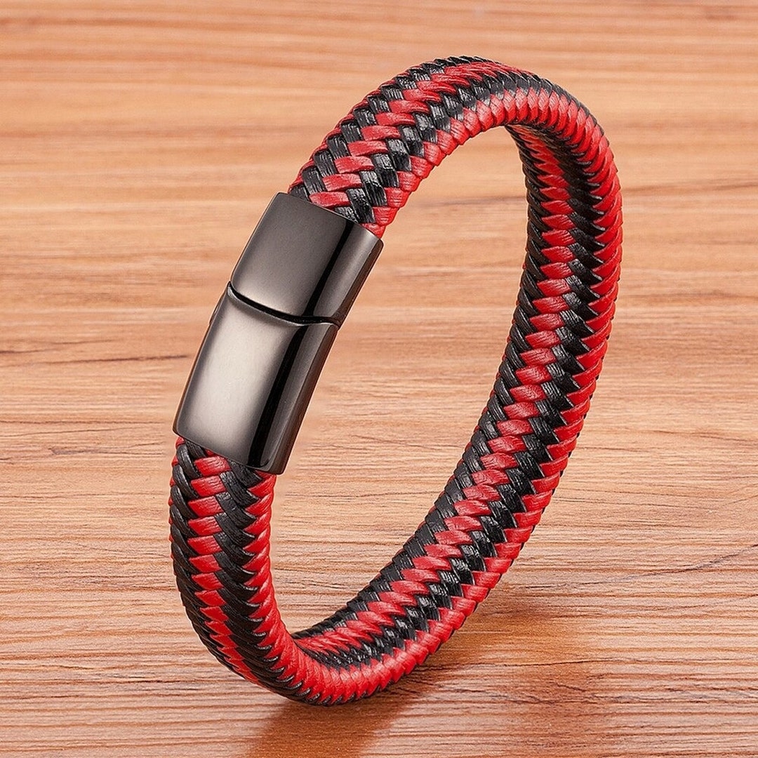 Men's Black and Red Leather Bracelet, Braided Leather, Trendy Bracelet ...