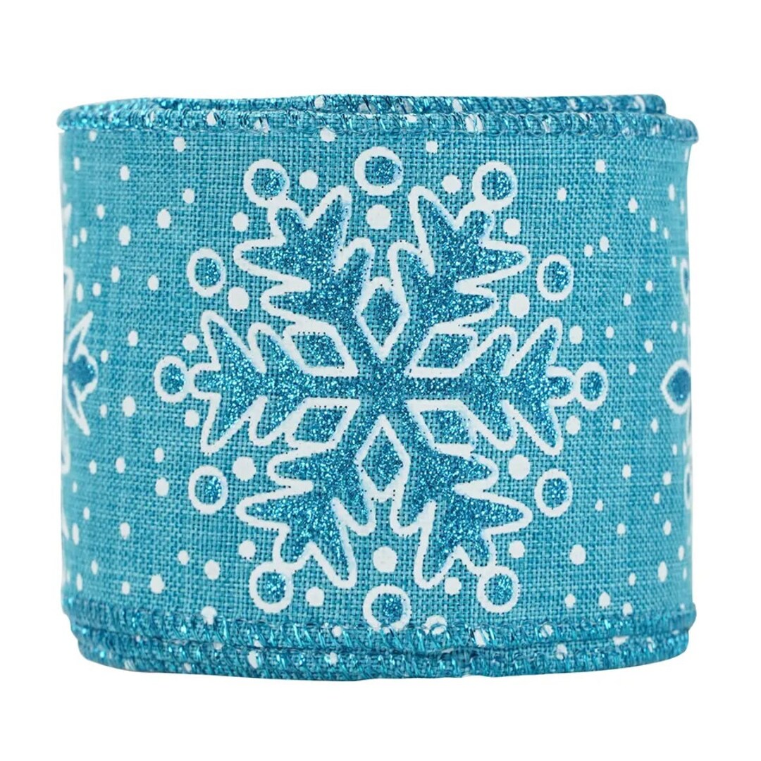 63mm Width Wired Hessian Style Blue Glitter Snowflake Ribbon, Crafting ...