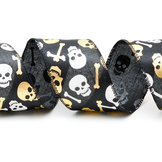 Wired Black/gold/white Skull Ribbon 63mm Width Crafting - Etsy