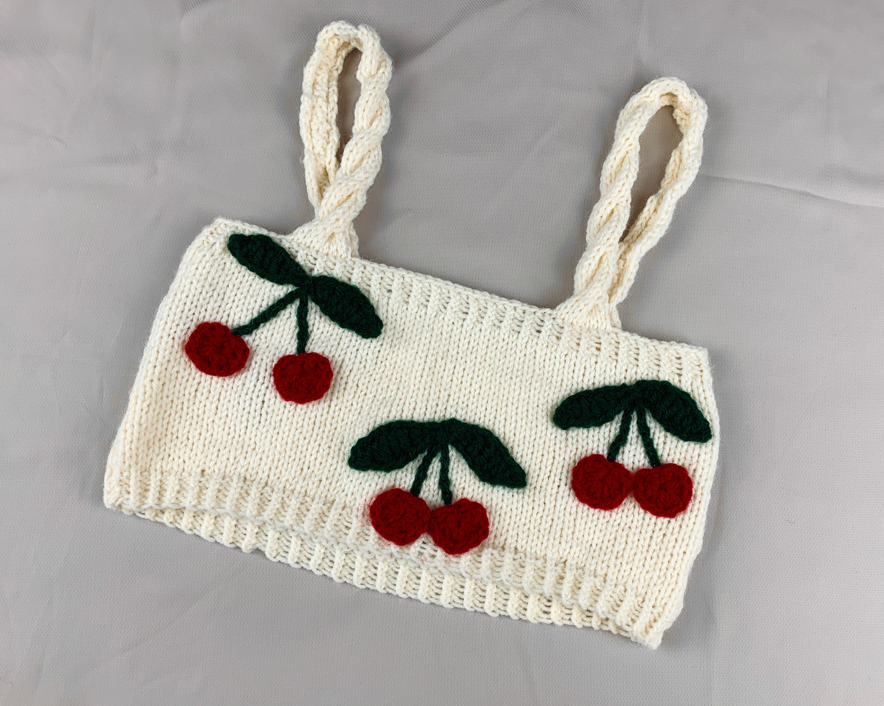 Hand Knitted Cherry Design Crop Top 2 Piece Matching Set Trendy Gen Z ...