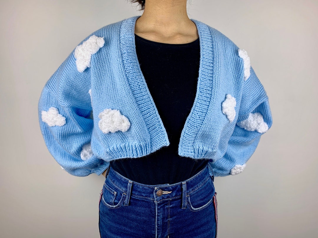 Hand Knitted Blue Sky Clouds Boxy Oversized Cropped Cardigan - Etsy