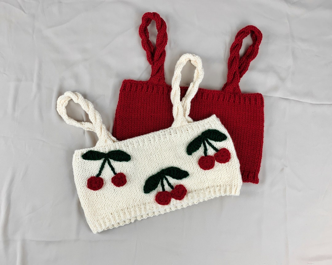 Hand Knitted Cherry Design Crop Top 2 Piece Matching Set Trendy Gen Z ...