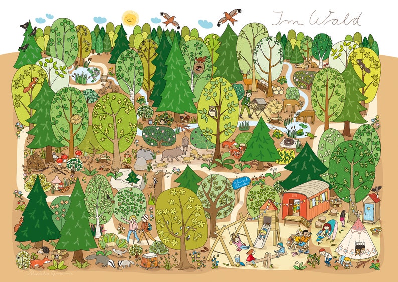 Wimmelbild "Im Wald" großes Poster für Kinder mit liebevollen Details ...