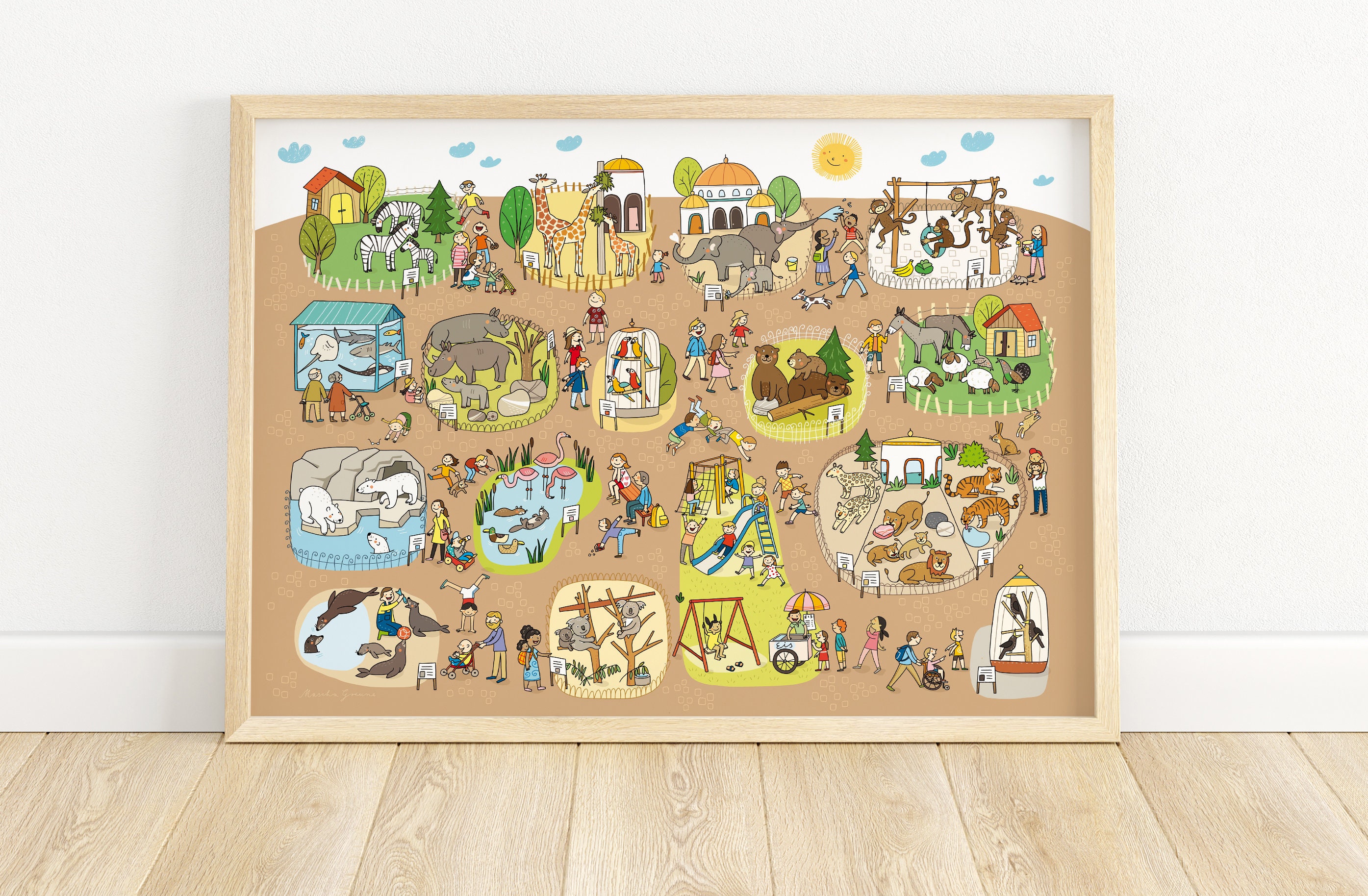 Wimmelbild "Im Zoo" großes Poster für Kinder mit liebevollen Details ...