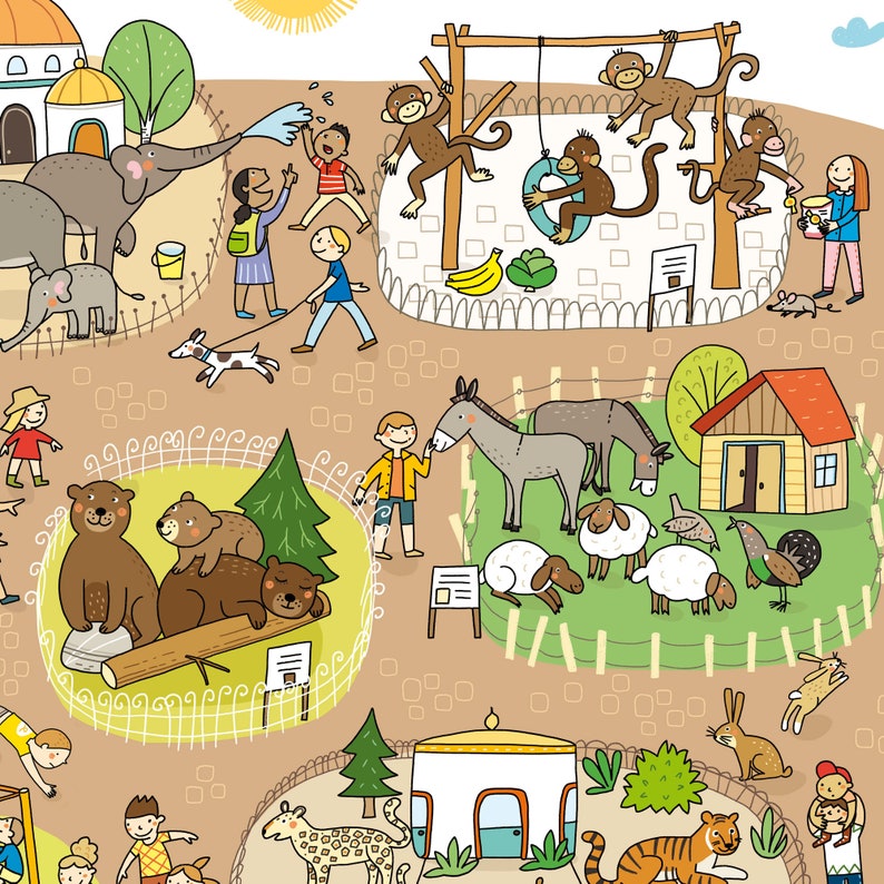 Wimmelbild "Im Zoo" großes Poster für Kinder mit liebevollen Details ...