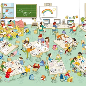 Wimmelbild "Im Klassenzimmer" großes Poster für Kinder mit liebevollen ...