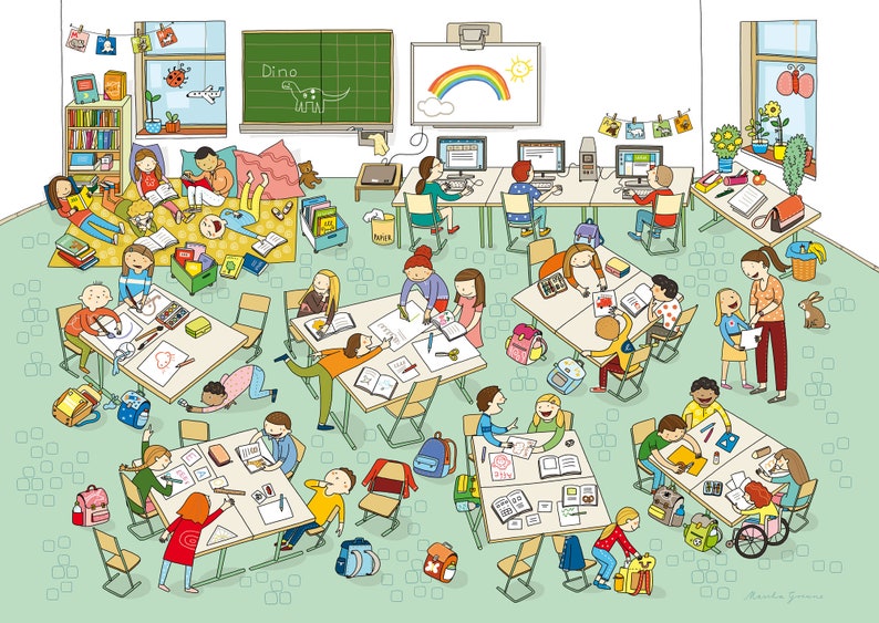 Wimmelbild "Im Klassenzimmer" großes Poster für Kinder mit liebevollen ...