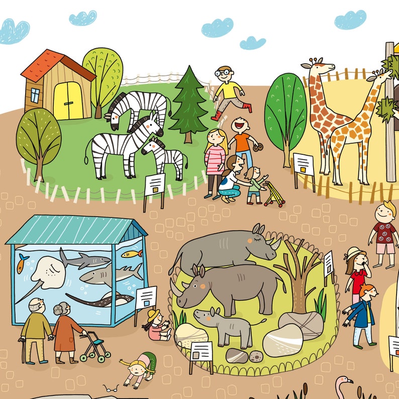 Wimmelbild "Im Zoo" großes Poster für Kinder mit liebevollen Details ...
