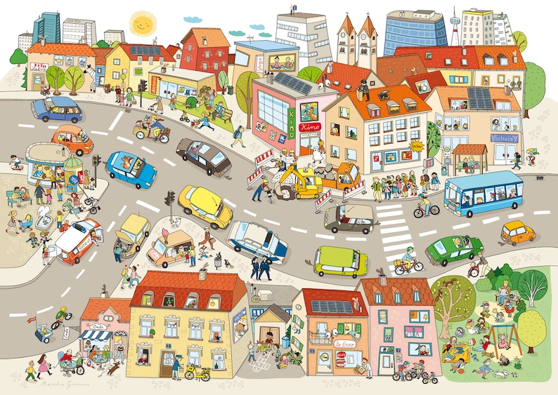 Wimmelbild "In der Stadt" großes Poster für Kinder mit liebevollen ...