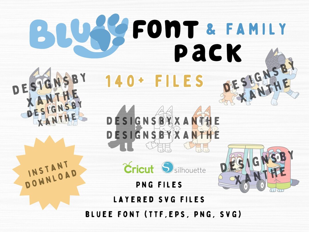 Bluee SVG PNG Bundle, Blue Dog Characters and Font Pack, Blue Family ...