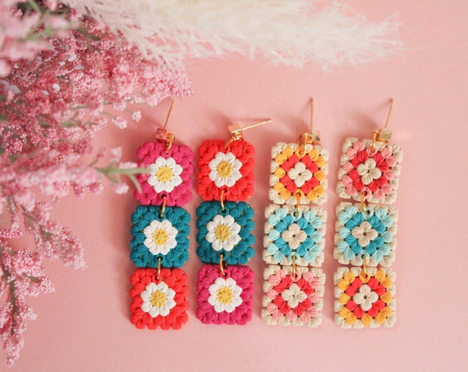 Granny Square Dangle Polymer Clay Earrings | Dark Bright Pastel Color ...