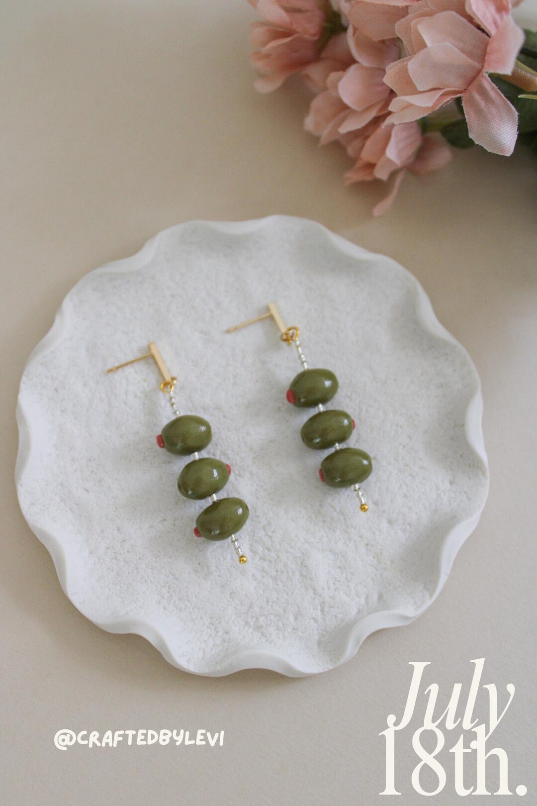 Olive Clay Beaded Earrings 2.0 Handmade Green Olive Clay Dangle Polymer ...