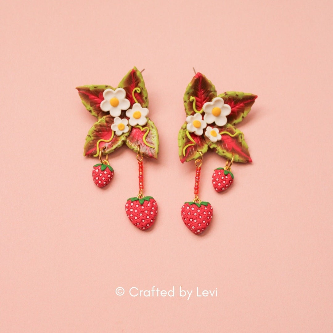 Pink Strawberry Charm Dangle Polymer Clay Earrings Handmade Beaded Clay ...