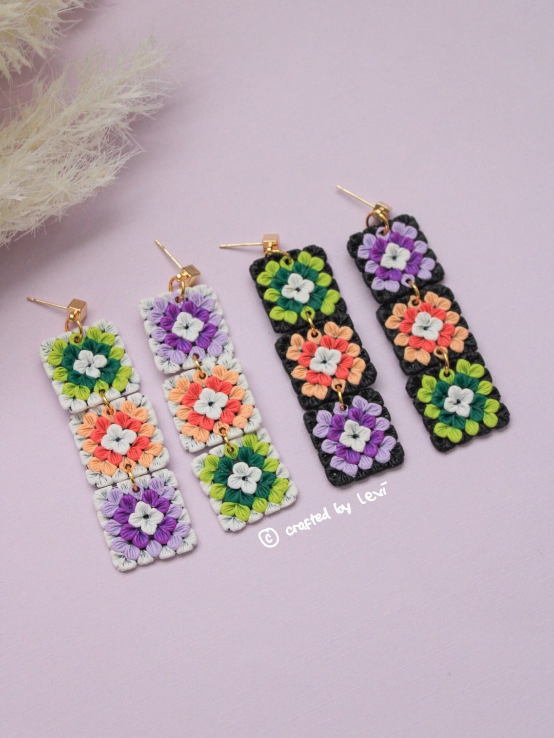 Granny Square Dangle Polymer Clay Earrings | Dark Bright Pastel Color ...