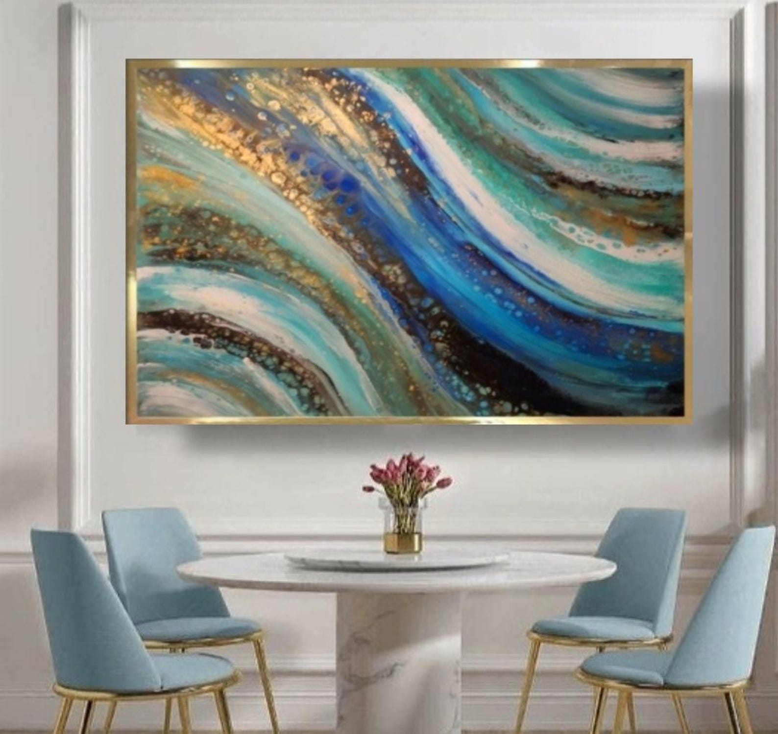 Large Blue Abstract Art Painting Modern Wall Art Blue Canvas Art Living ...