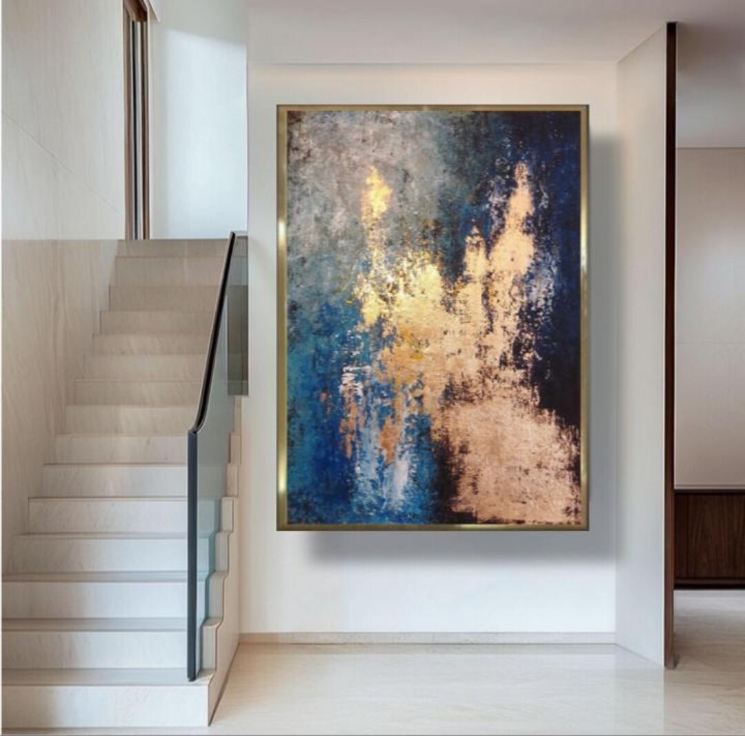 Large Blue Art Painting Blue and Gold Leaf Art Original Abstract ...