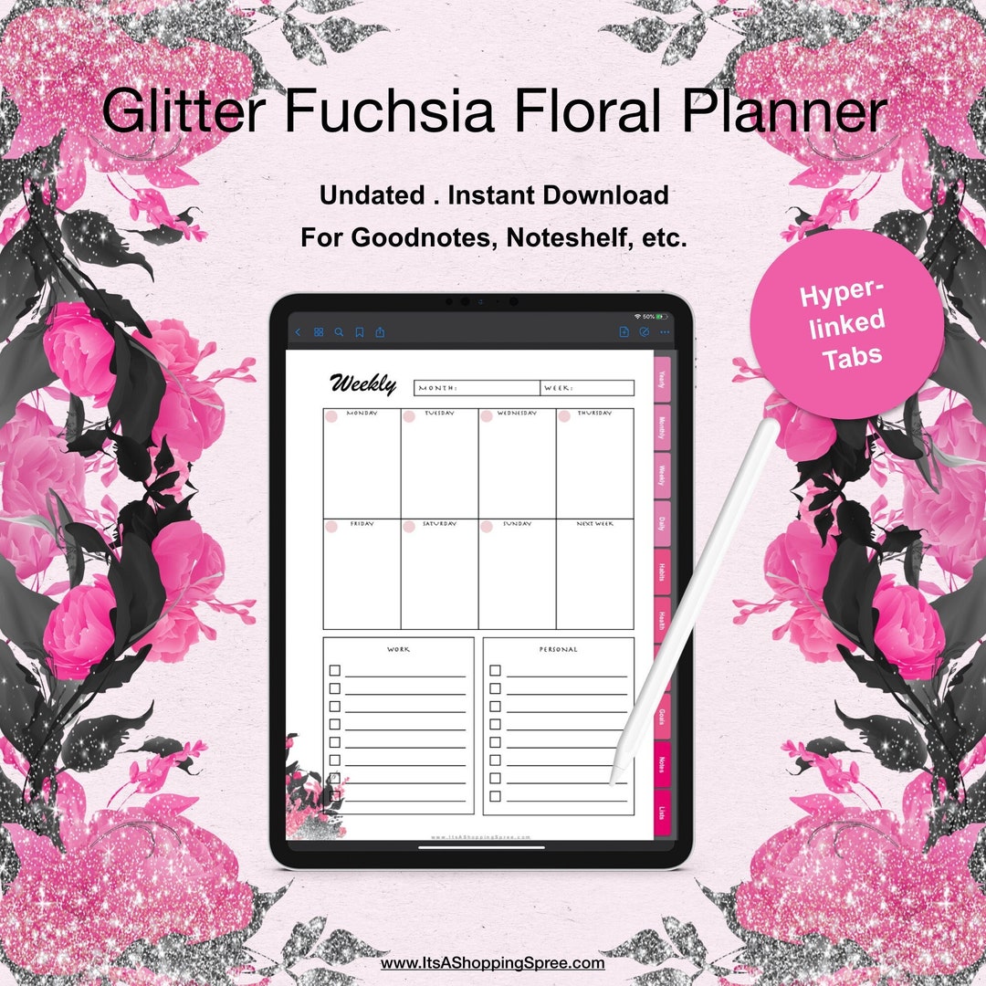 Fuchsia and Black Floral Planner. Yearly, Monthly, Daily, Budget and ...